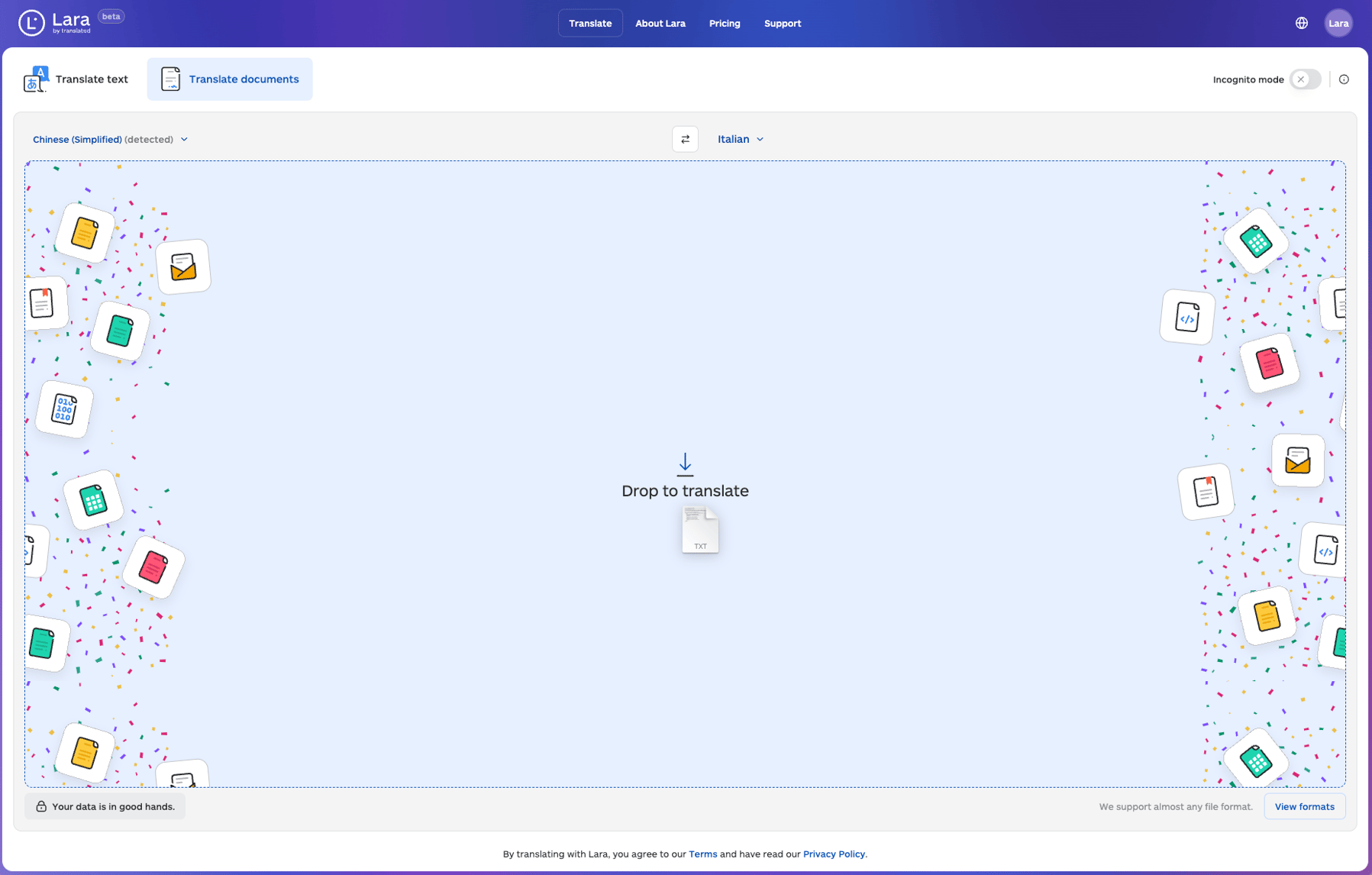 Supported document formats in Lara document translation